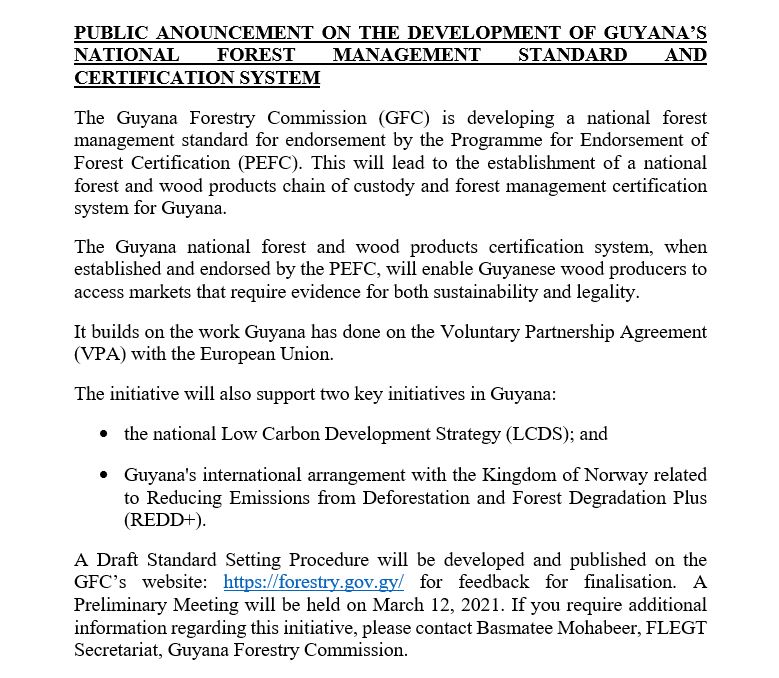 Public Announcement on the Development of Guyana’s National Forest Management Standard and ...